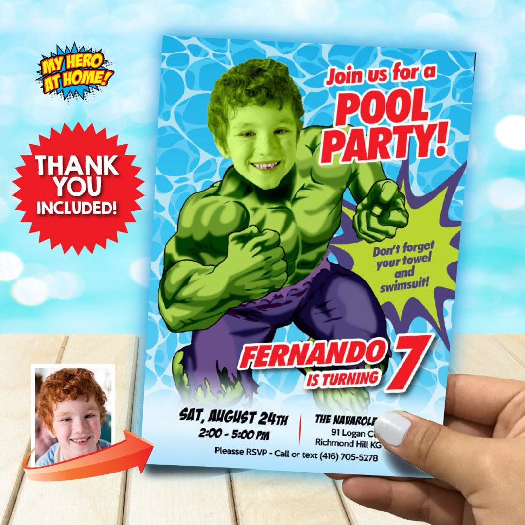 Hulk Pool Party Invitation, Hulk Smash Pool Party Invite With Photo ...