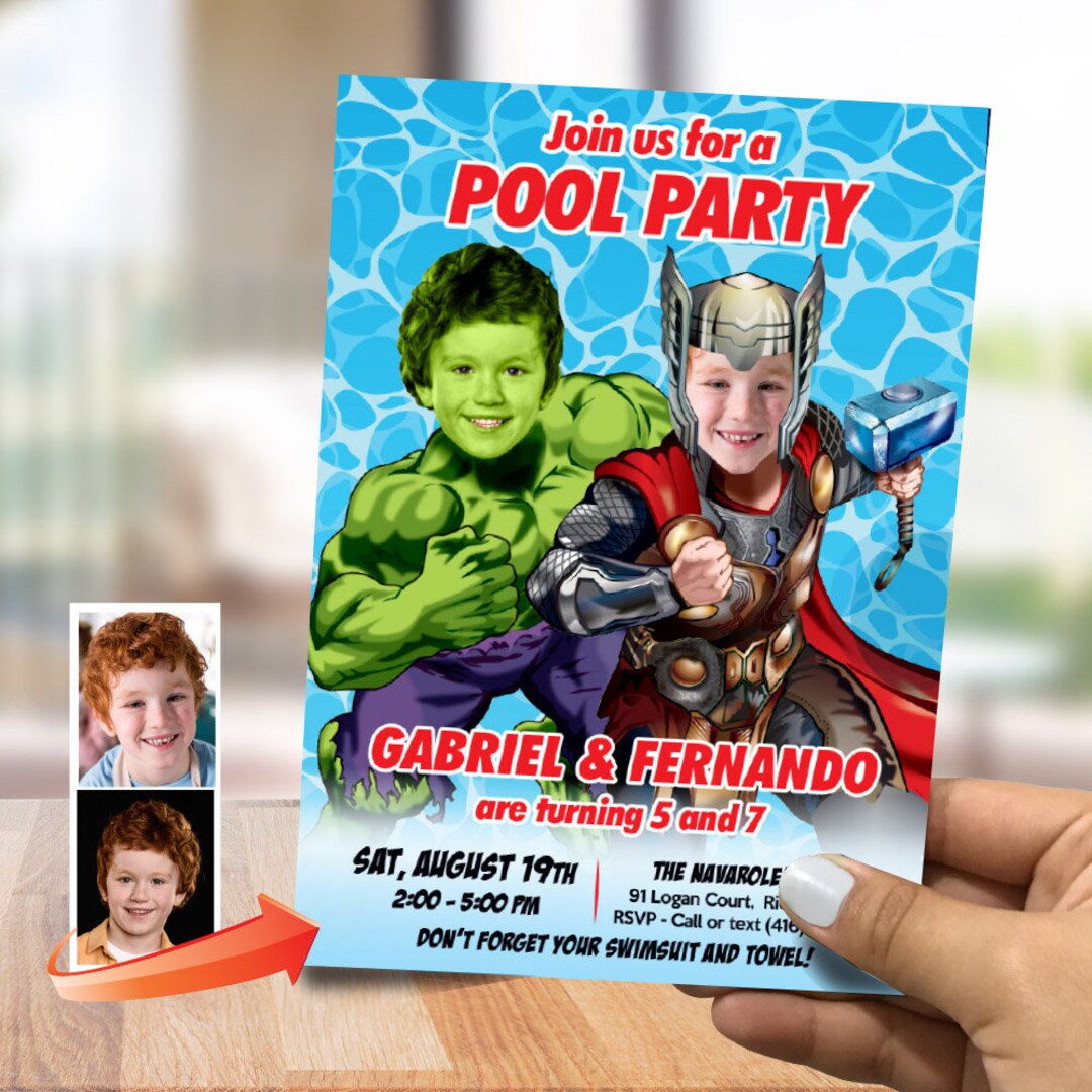 Thor and Hulk Pool Party Invitation, Hulk and Thor Splash Party ...