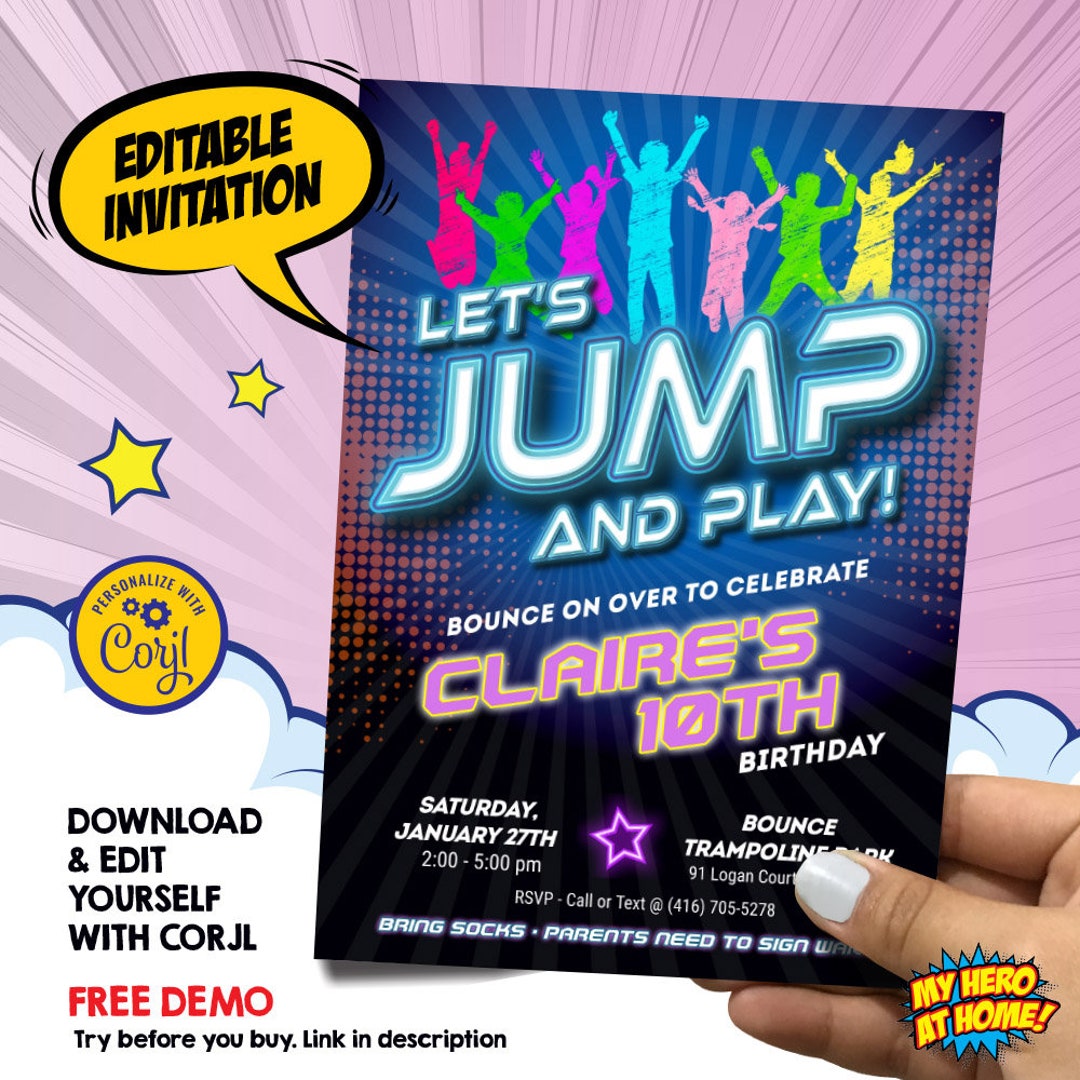 Buy Editable Jump Neon Party Invitation, Girl Jump Glow Party ...