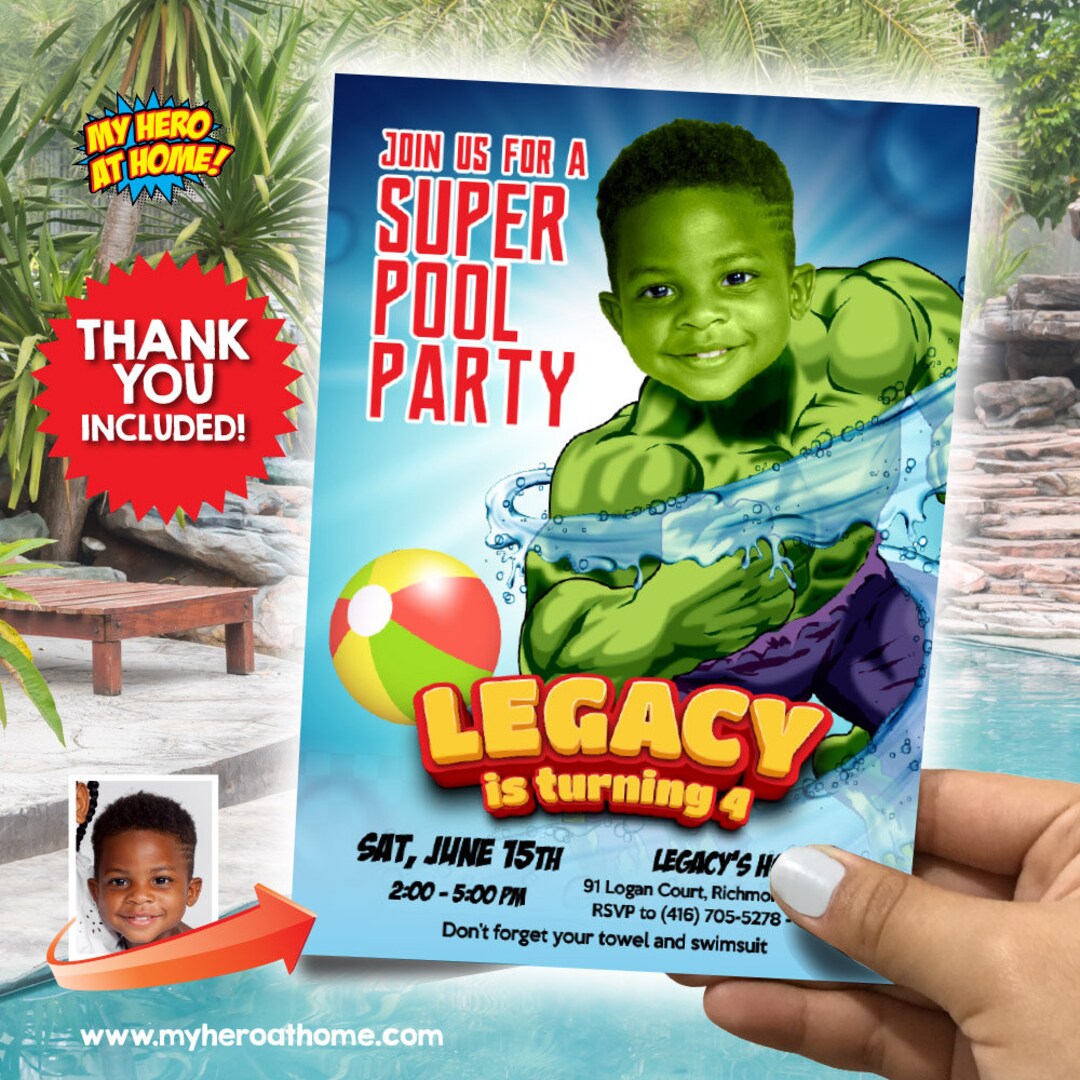 Pool Party Invitation Themed Hulk, Pool Party Template With Photo, Hulk ...