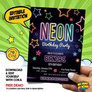 Editable Neon Party Invitation, Neon Invitation, Neon Party Template ...