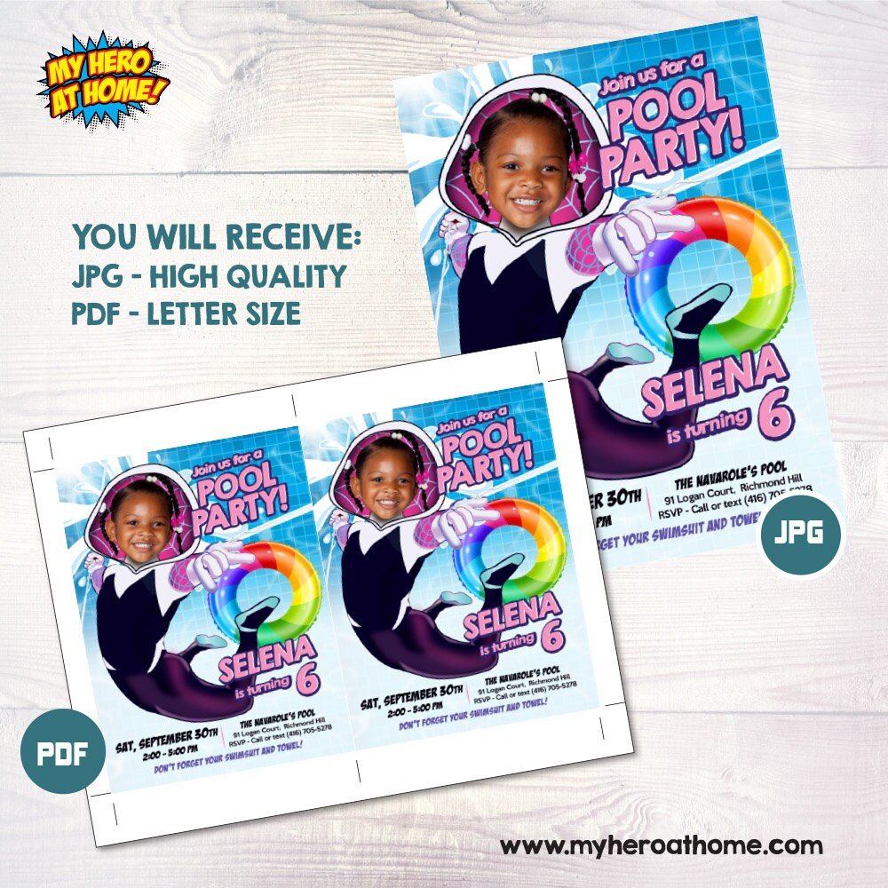 Personalized Gwen Stacy Pool Party Invitation With Photo, Spider Girl ...