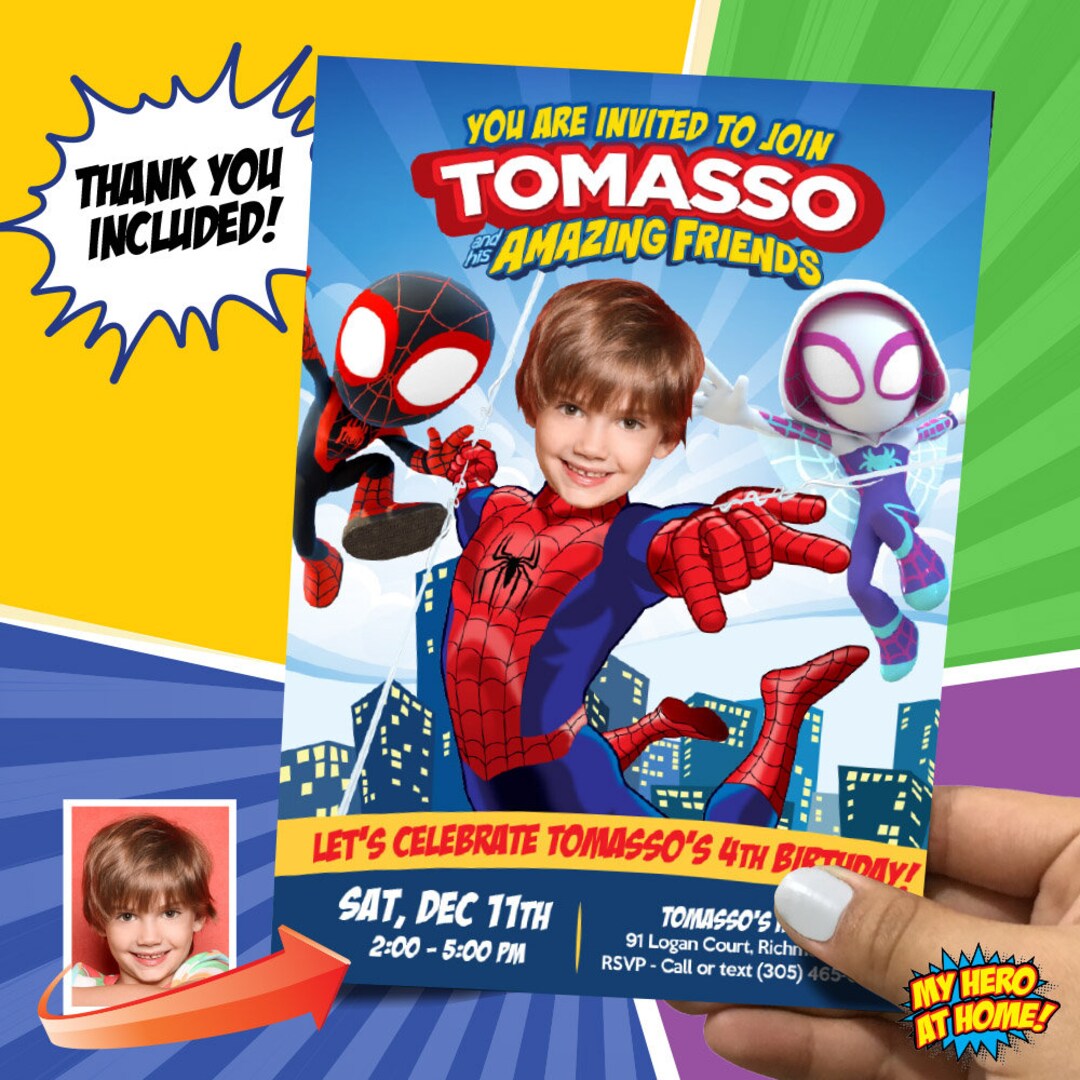 Spidey and His Amazing Friends Birthday Party Invitation With Photo ...