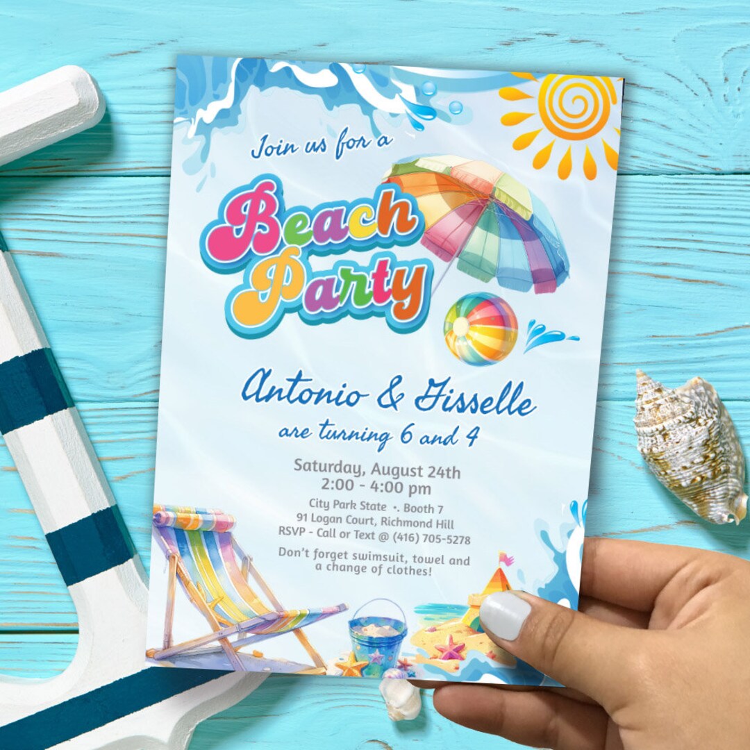 Editable Beach Birthday Party Invitation, Beach Party Flyer Invite ...