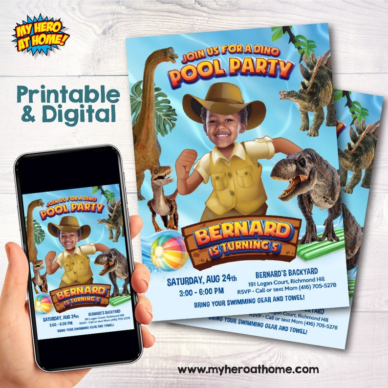 Dino Pool Party Invitation With Photo, Paleontologist Pool Party ...