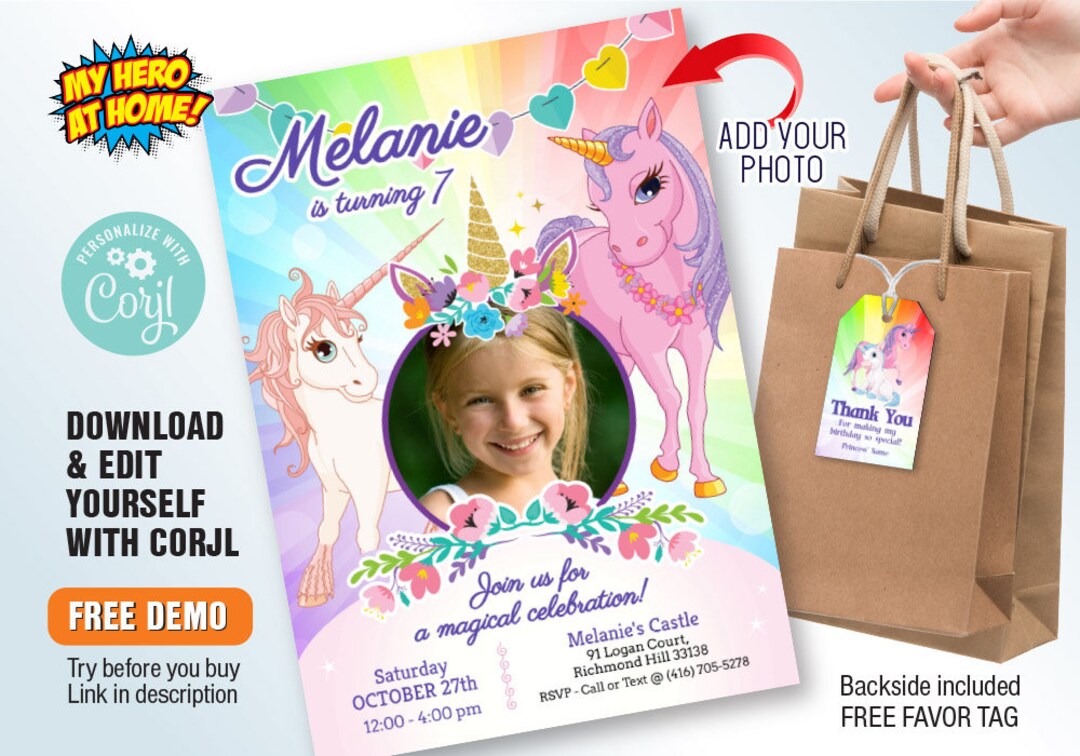 Editable Unicorns Invitation With Your Own Photo, Unicorns Template ...