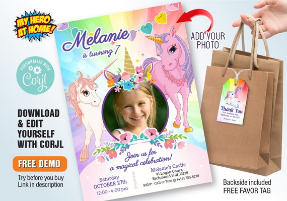 Editable Unicorns Invitation with your own photo, Unicorns template ...
