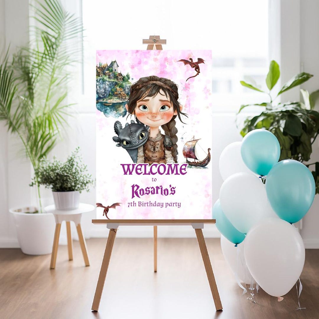 Brunette Astrid and Toothless Watercolor Welcome Sign, Dark Hair Viking ...