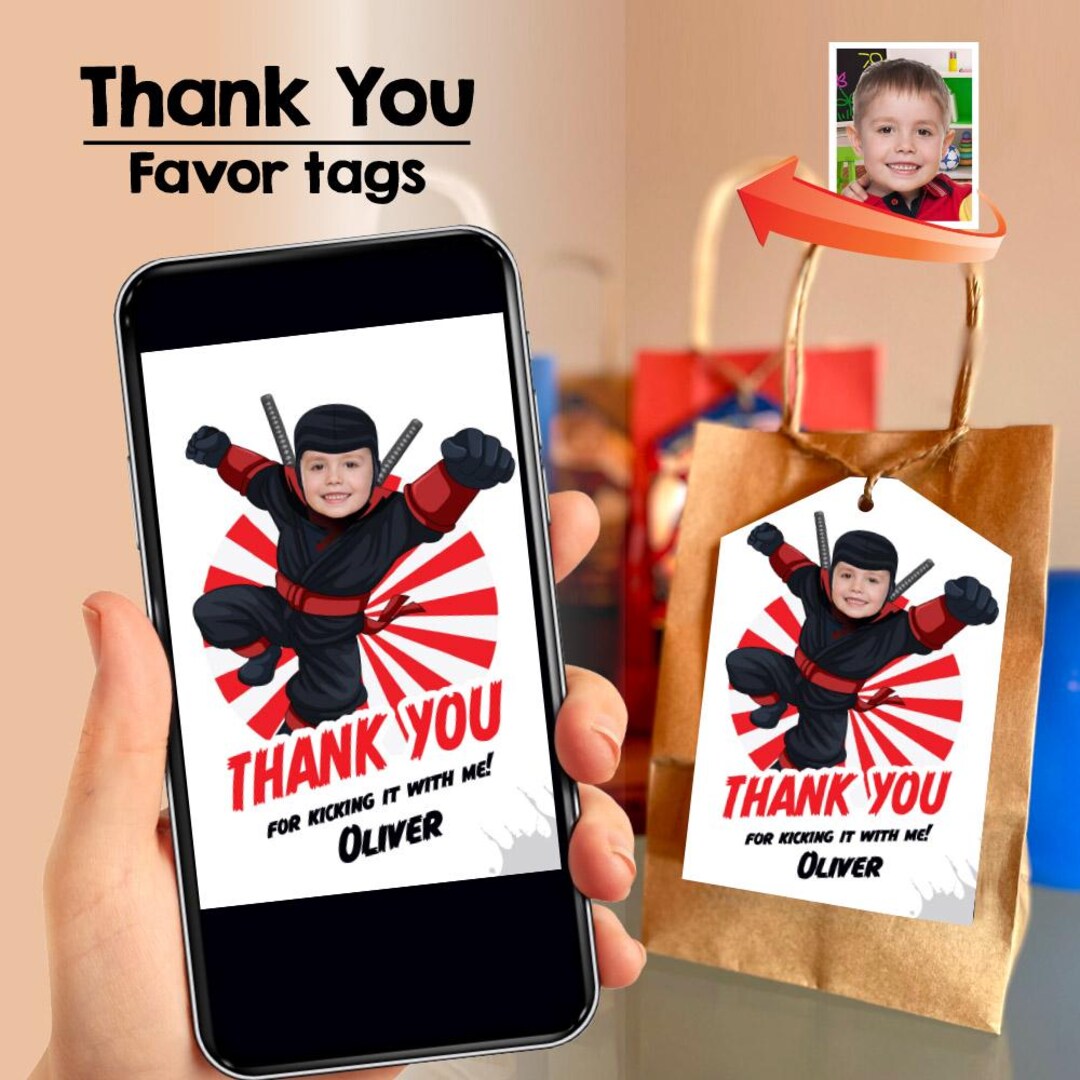 Ninja Thank You Card With Photo, Ninja Party Favors With Photo, Ninja ...