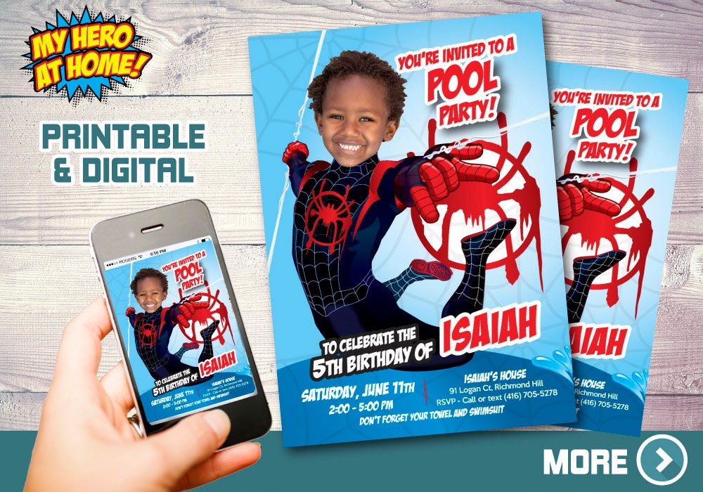 Personalized Miles Morales Pool Party Invitation With Photo. 580IN - Etsy