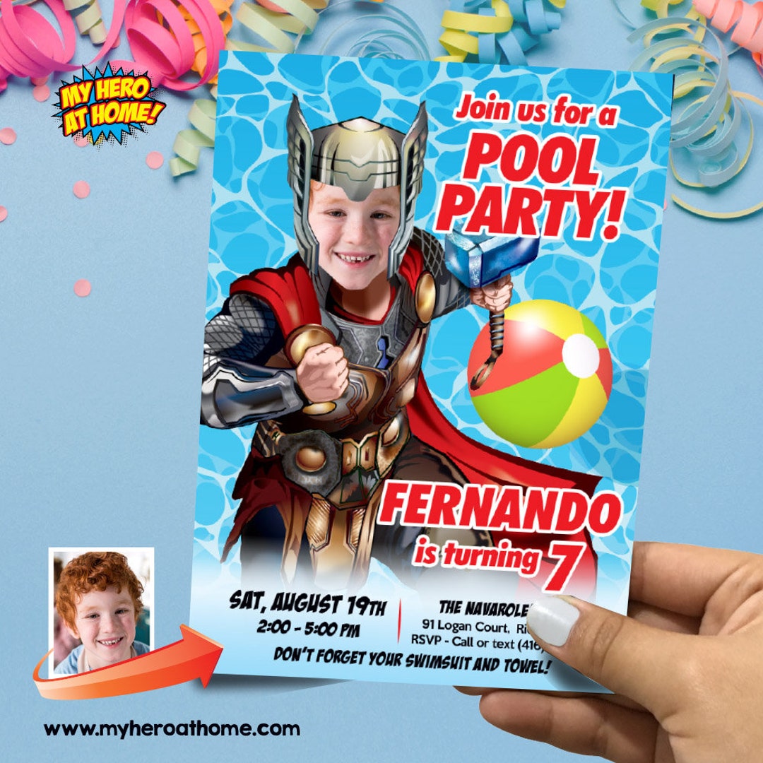 Thor Pool Party Invitation Template, Thor Invitation With Photo, Pool ...