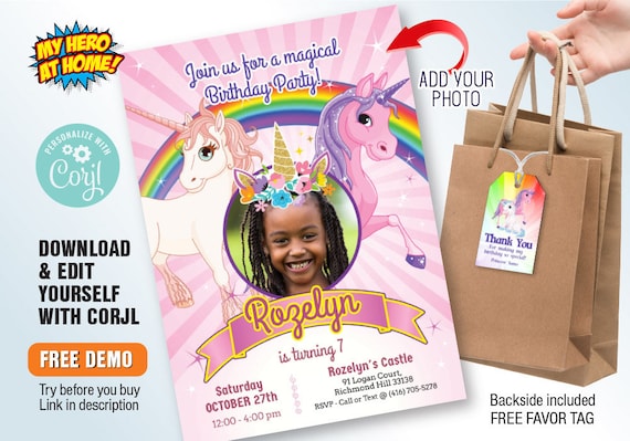 Unicorns Invitation with photo, Unicorns template, Unicorns Digital ...