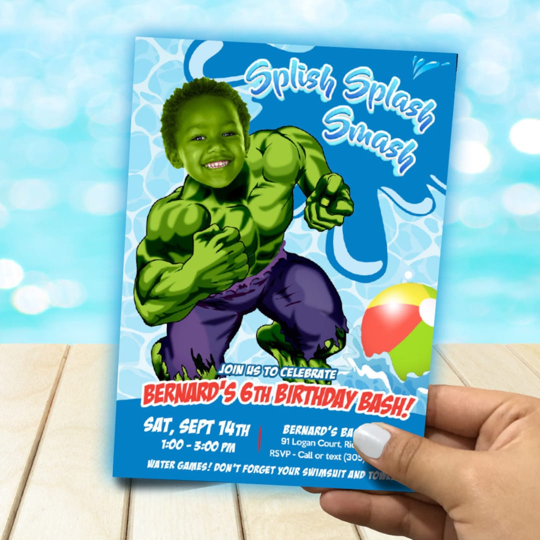 Hulk Splish Splash Smash Party Invitation With Photo, Hulk Water Slide ...