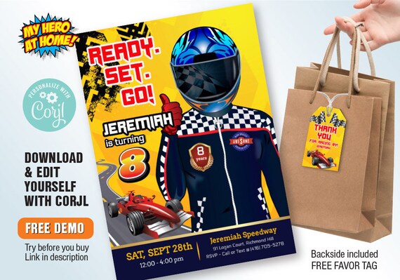 Racing Car Invitation, Editable Race Car party Invitation, Racing Car party favors, Racing Car ...