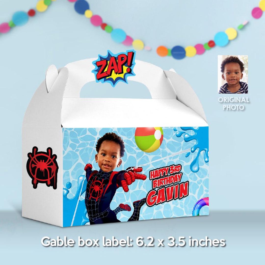 Miles Morales Gable Box Label With Photo, Spin Pool Party Candy Favors ...