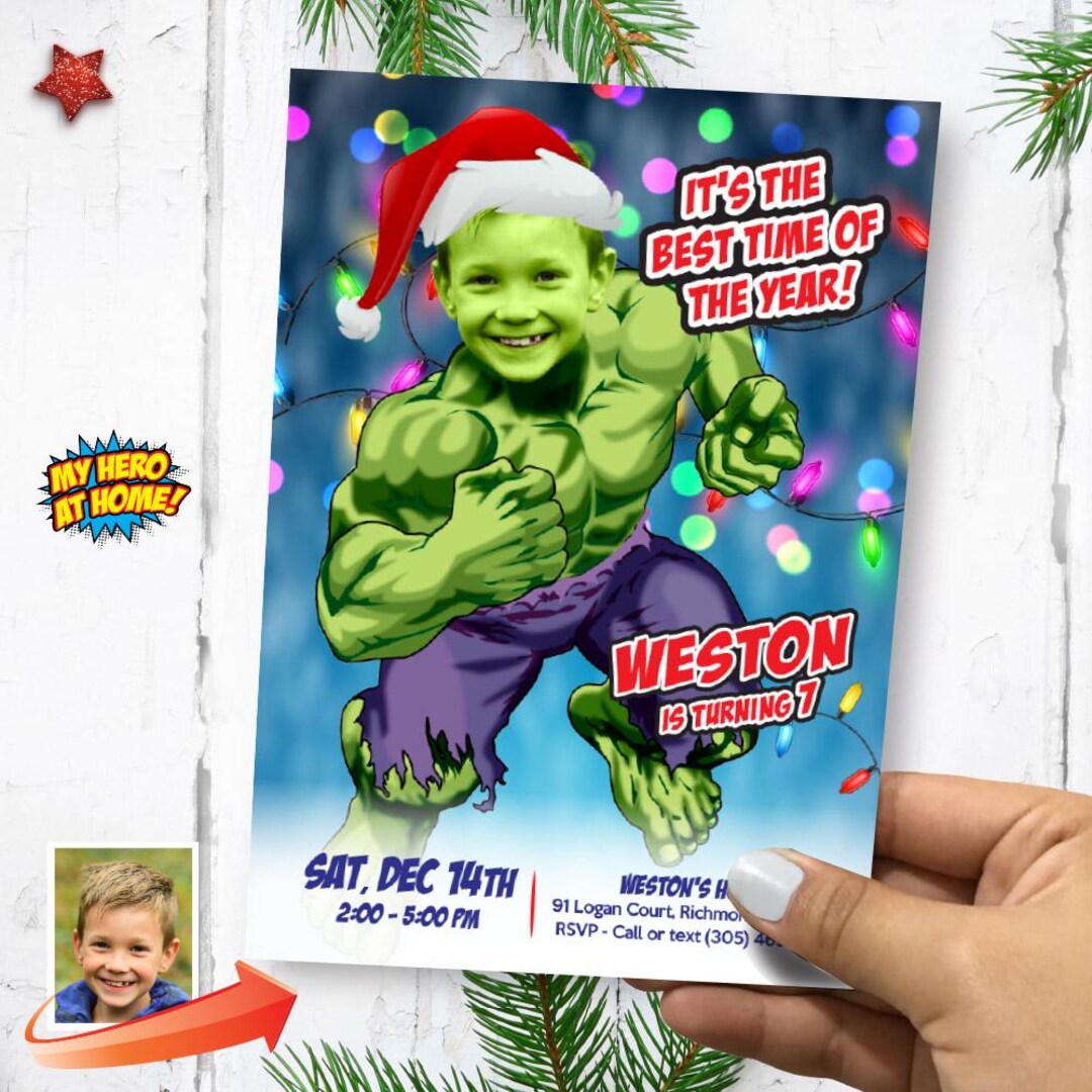 Hulk Christmas Birthday Party Invitation With Photo, Hulk Digital ...