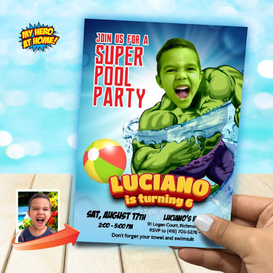 Hulk Pool Party Invitation With Photo, Hulk Splash Party Invitation ...