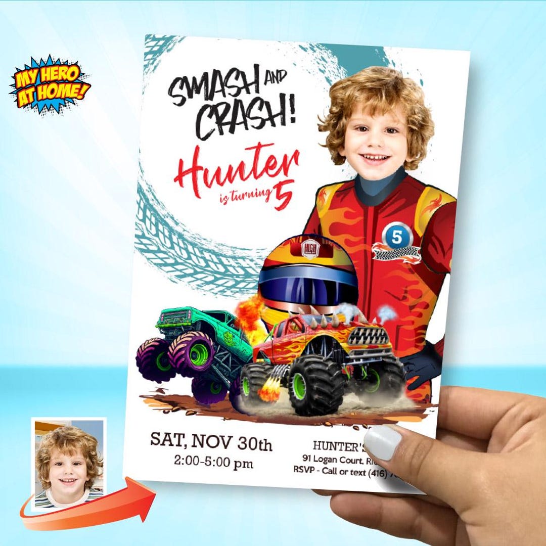 Monster Truck Smash and Crash Birthday Party Invitation With Photo ...
