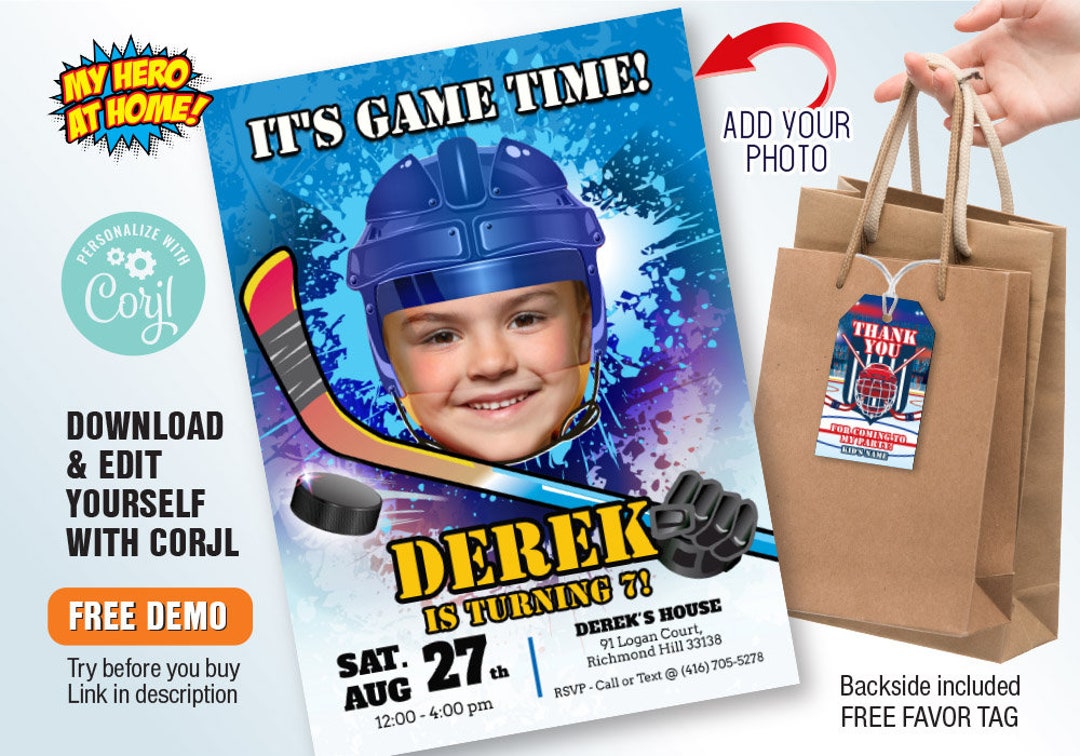 Editable Hockey Photo Invitation, Hockey Party Invitation, Blue Helmet ...