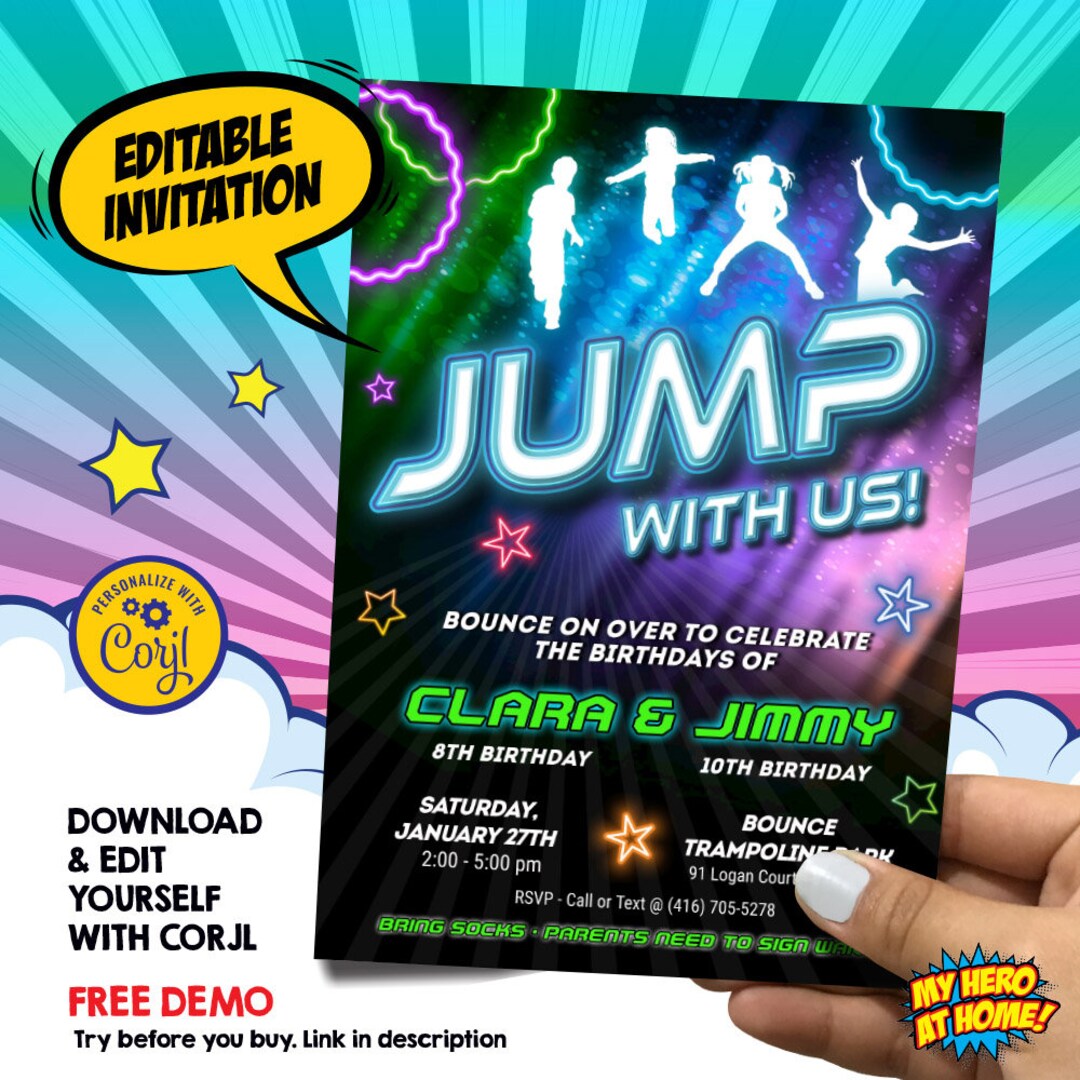 Joint Jump Neon Party Invitation, Siblings Jump Glow Party Invitation ...