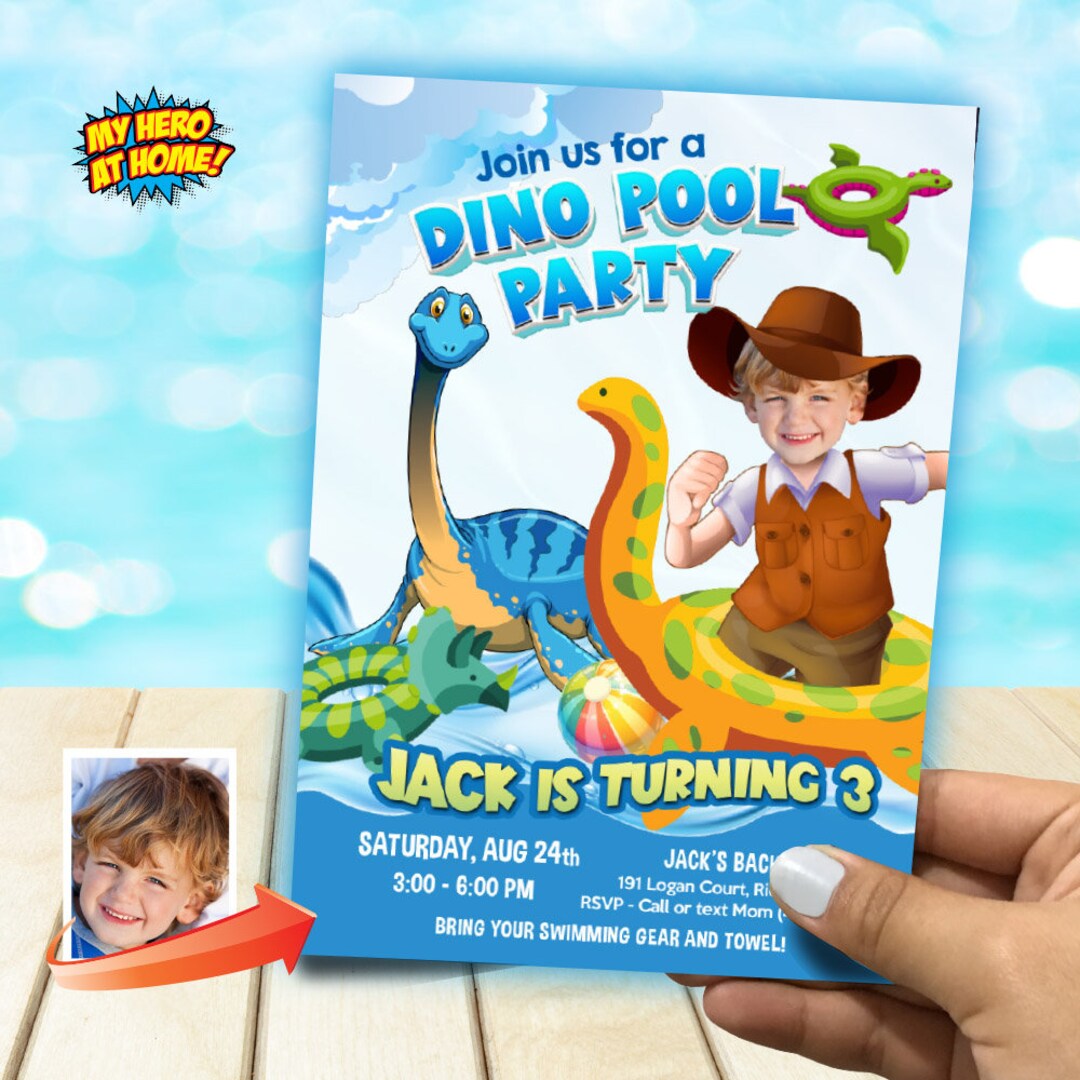 Dinosaurs Pool Party Invitation With Photo, Dino-mite Pool Party ...