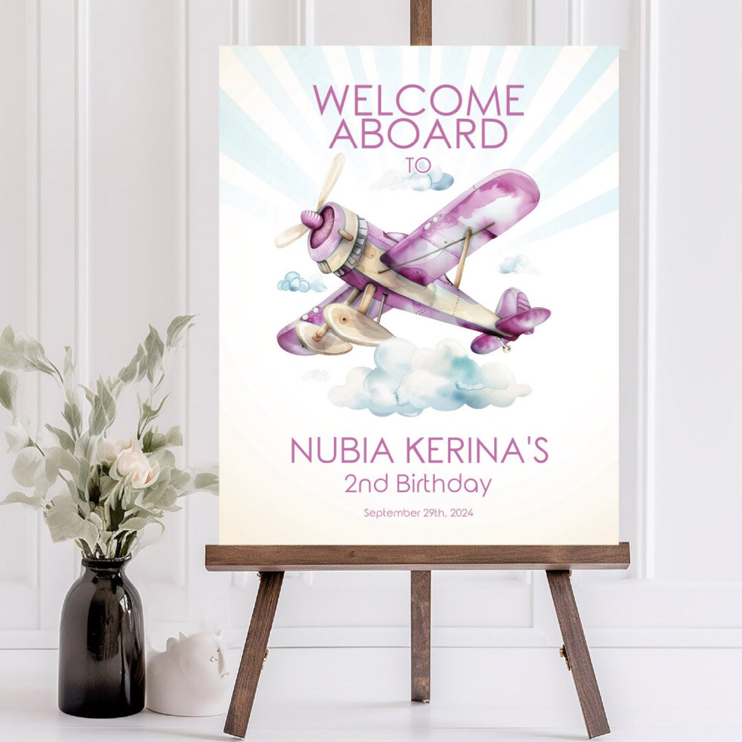 Editable Pink Vintage Airplane Welcome Sign, DIY Girl Welcome Aboard ...