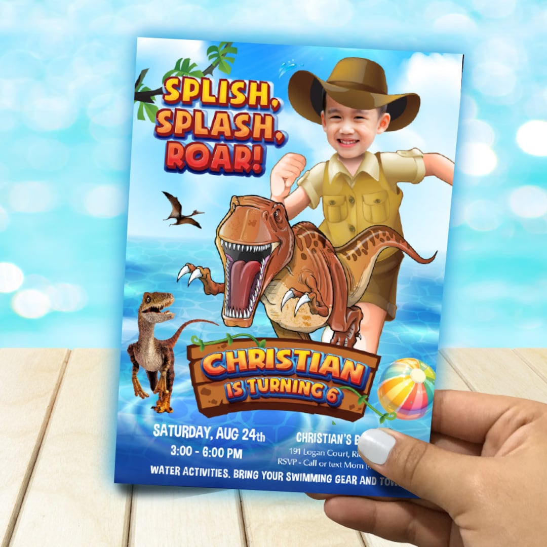 Dinosaurs Splish Splash Party Invitation, Dino-mite Pool Party Template ...