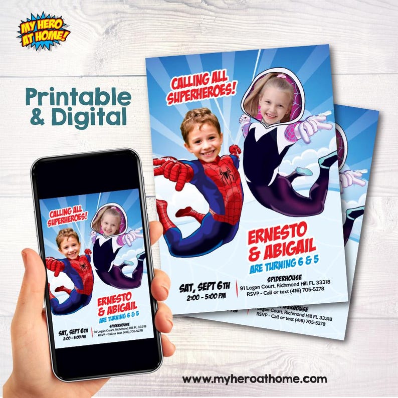 Twins Spiderman and Gwen Stacy Birthday Invitation, Spider-man and Gwen ...