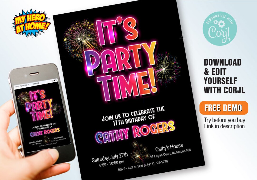 Its Party Time Neon Invitation, Glow Party Invitation, Rainbow Neon ...