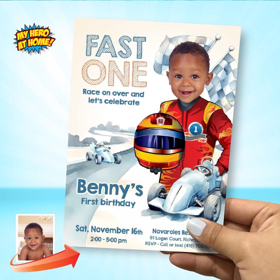Race Car First Birthday Invitation With Photo, Baby Race Car Birthday ...