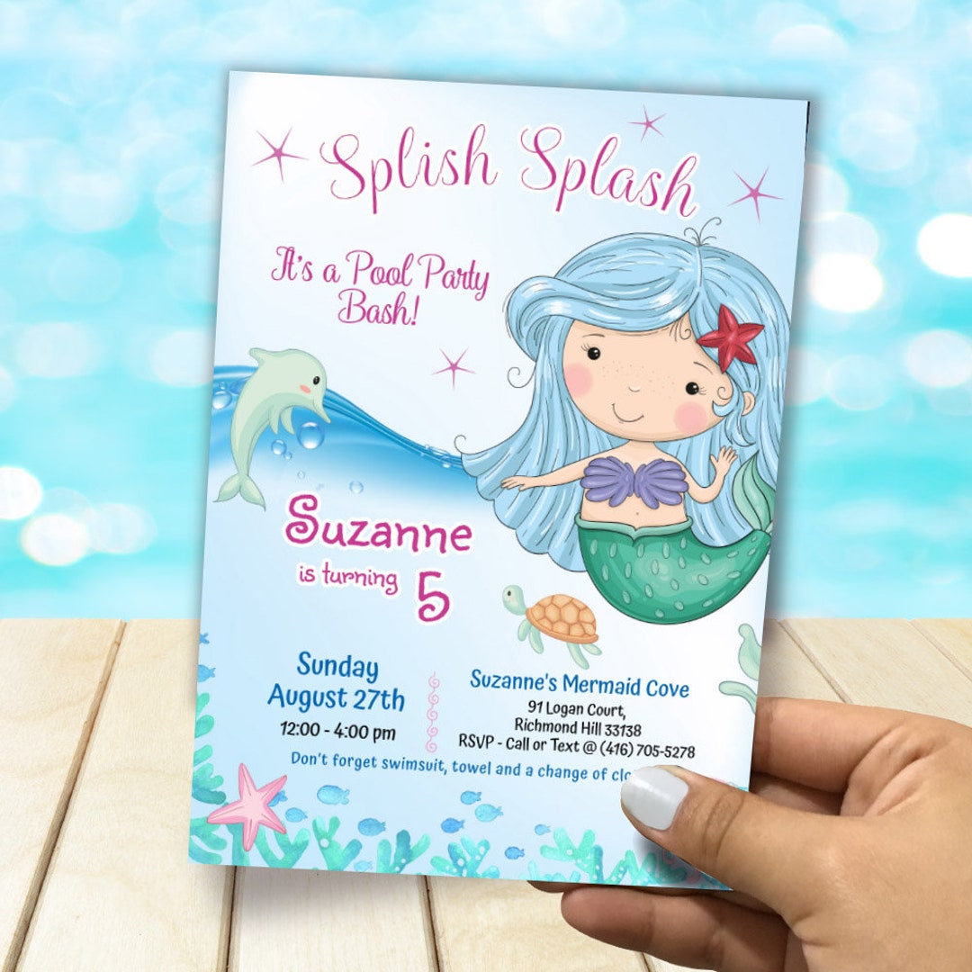 Editable Mermaid Pool Party Invitation, DIY Mermaid Pool Party Template ...