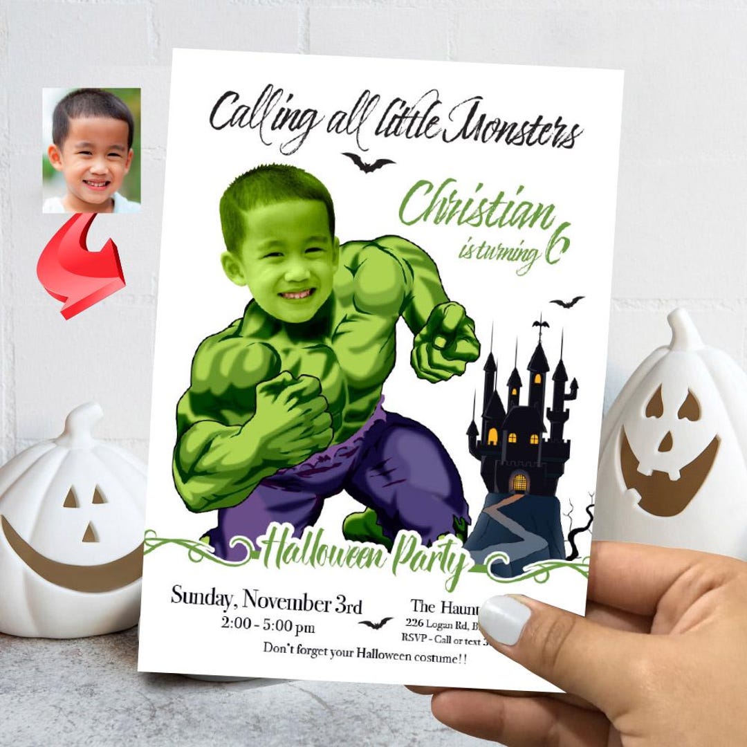 Hulk Halloween Birthday Invitation With Photo, Hulk Halloween Party ...