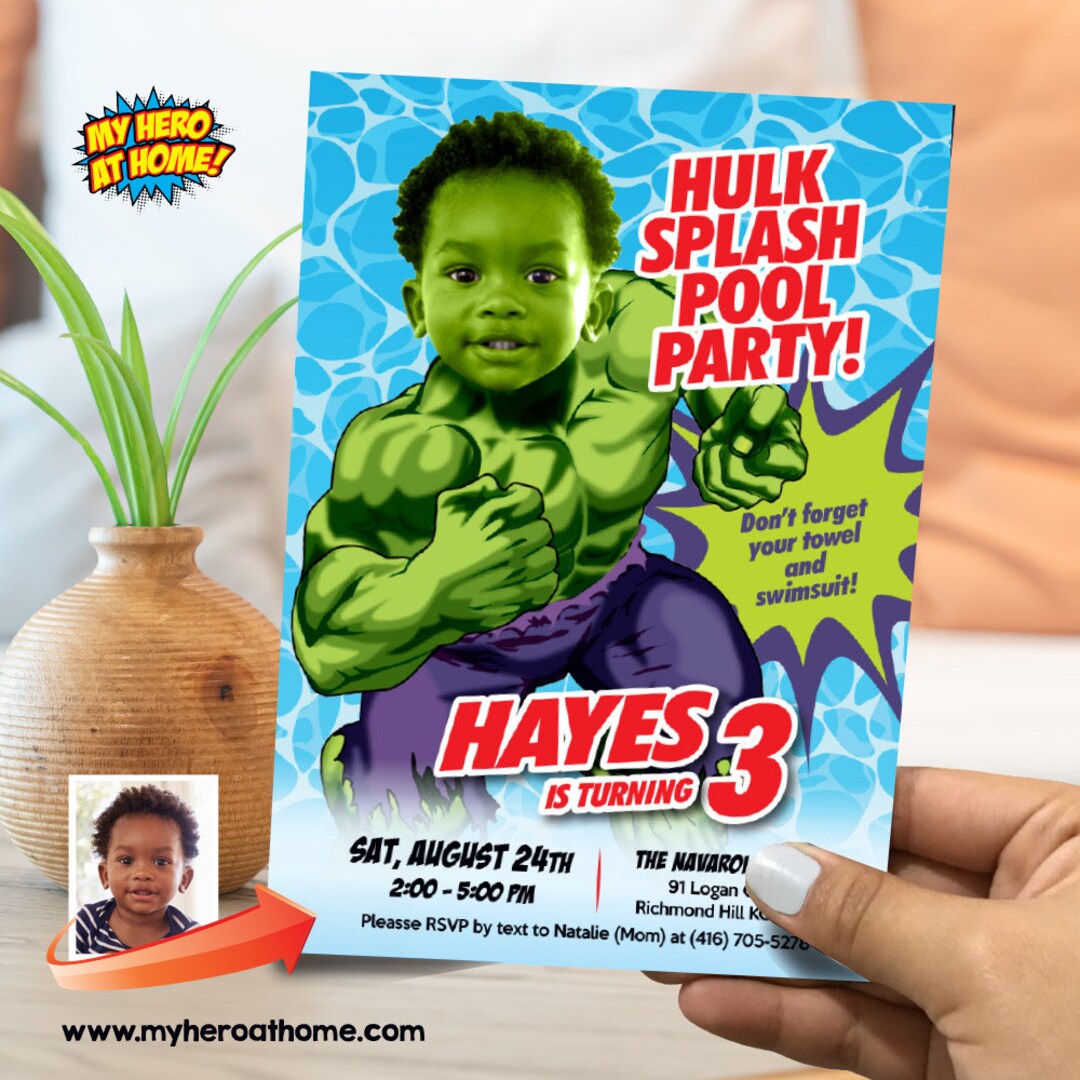 Hulk Splash Pool Party Invitation With Photo, Custom Hulk Splash Party ...