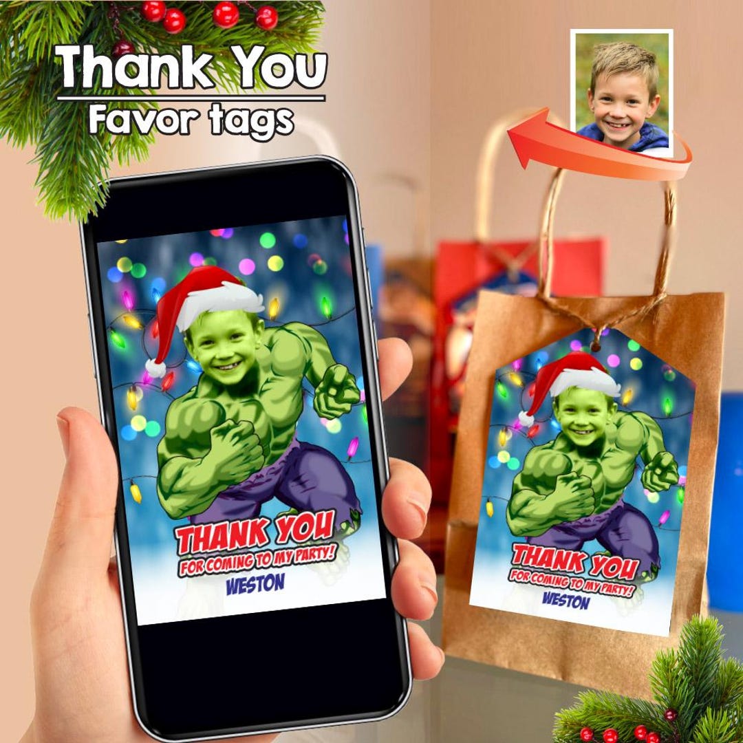 Hulk Christmas Party Thank You With Photo, Hulk Christmas Favor Tags ...