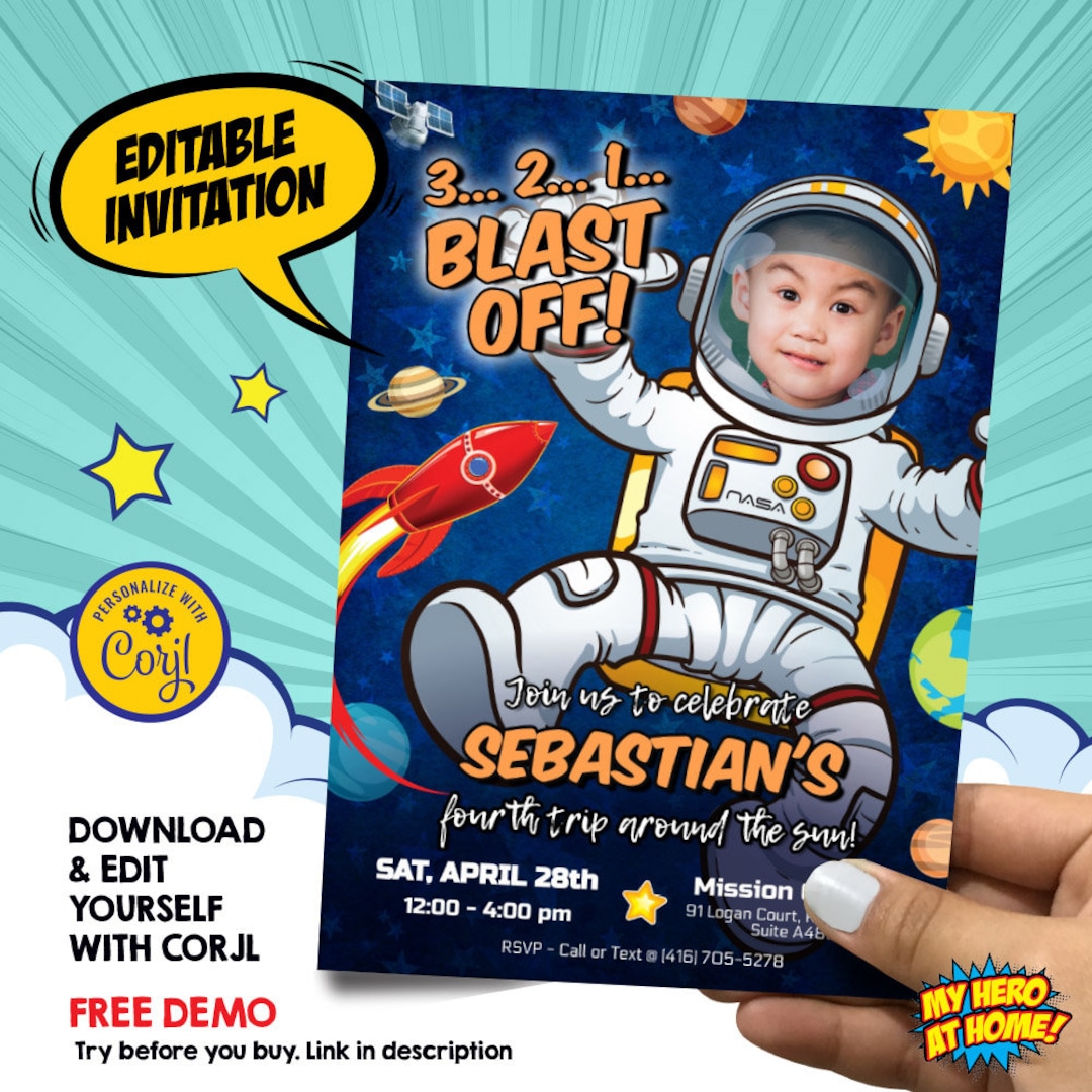 Editable Astronaut Birthday Invitation With Photo, Editable Outer Space ...