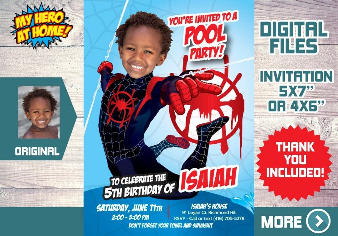 Personalized Miles Morales Pool Party Invitation With Photo. 580IN - Etsy