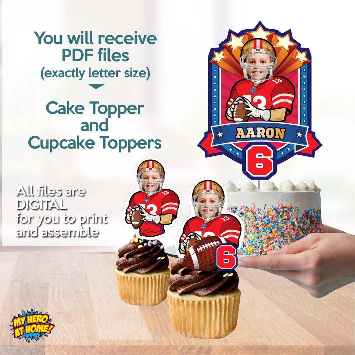 Football Matching Cake and Cupcake Toppers With Kid as His Favorite ...