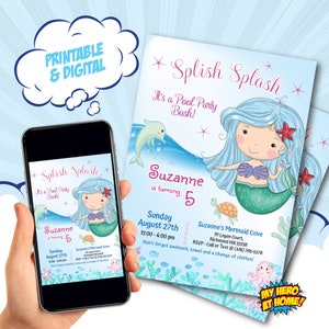 Editable Mermaid Pool Party Invitation, DIY Mermaid Pool Party Template ...