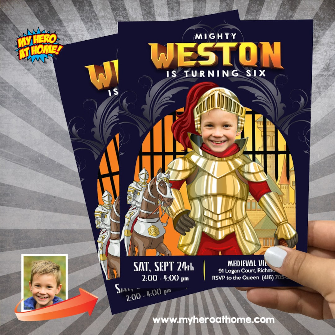 Little Knight Birthday Party Invitation With Photo, Knight Medieval ...
