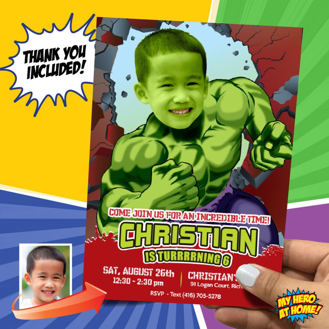 Hulk Birthday Party Invitation With Photo, Hulk Digital Invitation ...
