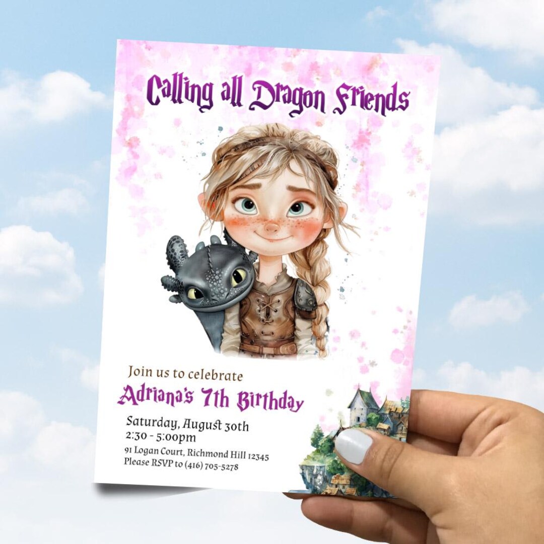 Astrid Toothless Birthday Invitation, Watercolor Girl Dragon Party ...