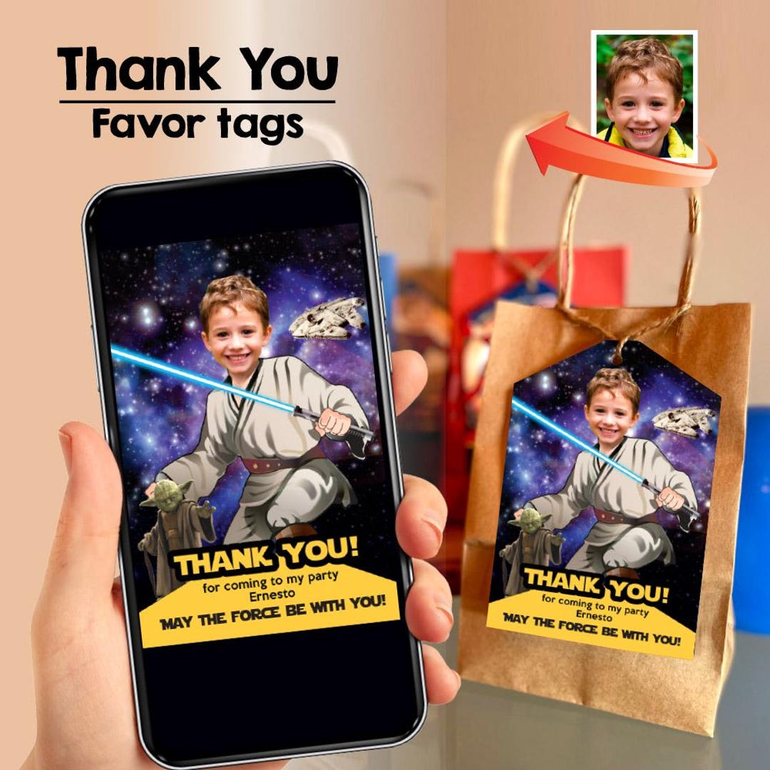 Custom Jedi Thank You Card and Favor Tags, Star Wars Thanks With Photo ...
