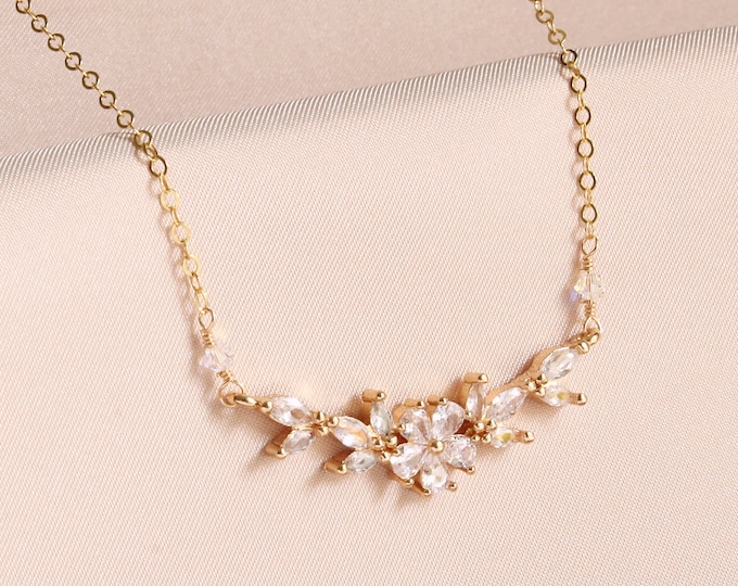 Gold Crystal Flower Necklace, Wedding Gold Crystal Necklace, Gold ...