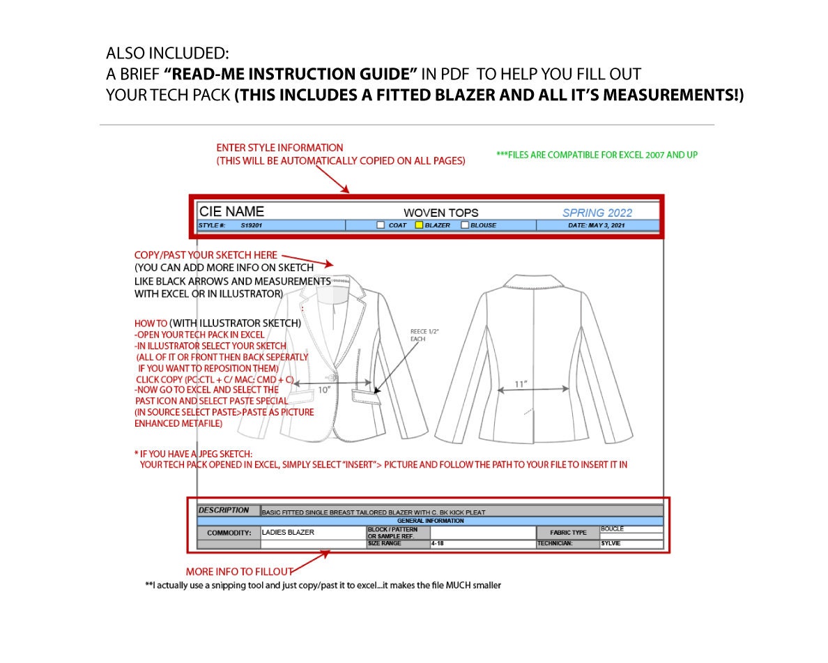 TECH PACK TEMPLATE - Industry Standard - Fashion Spec Sheets Excel ...
