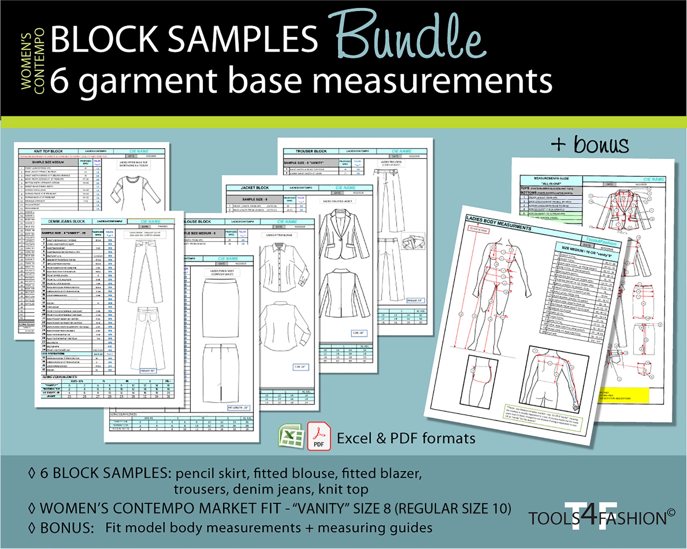 TECH PACK BASE Women's Bloc Sample Bundle 6 Styles, All Measurements ...