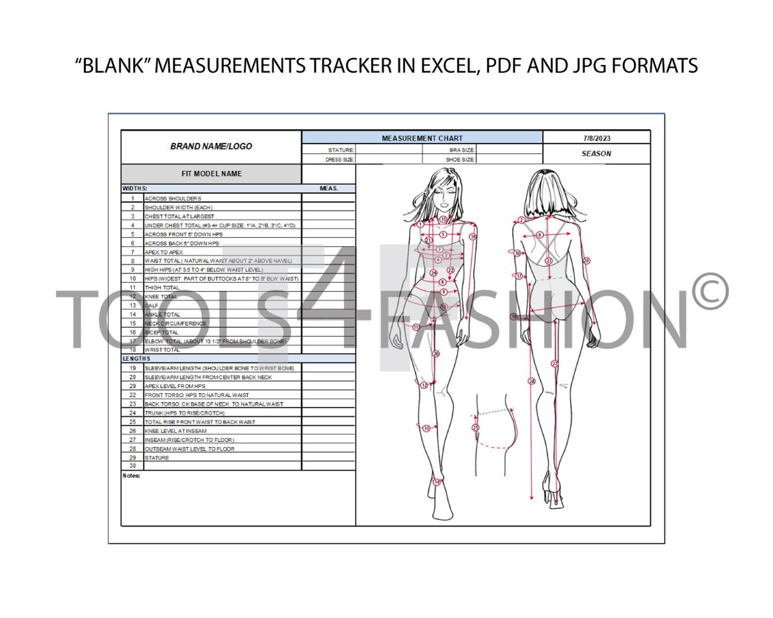 Body Measurements Tracker Chart: Fashion Design Template (excel, PDF ...