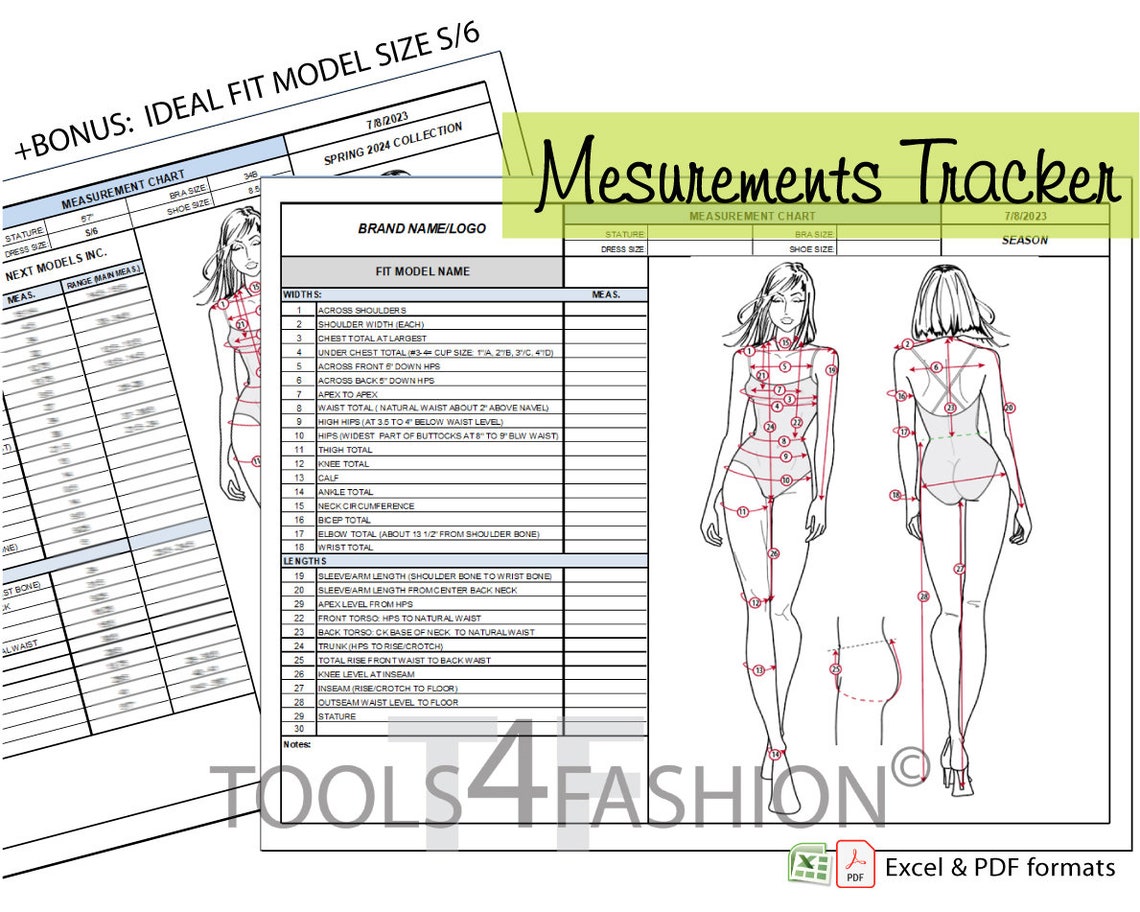 Women's BODY MEASUREMENTS TRACKER Chart - Fashion Design Measurements ...