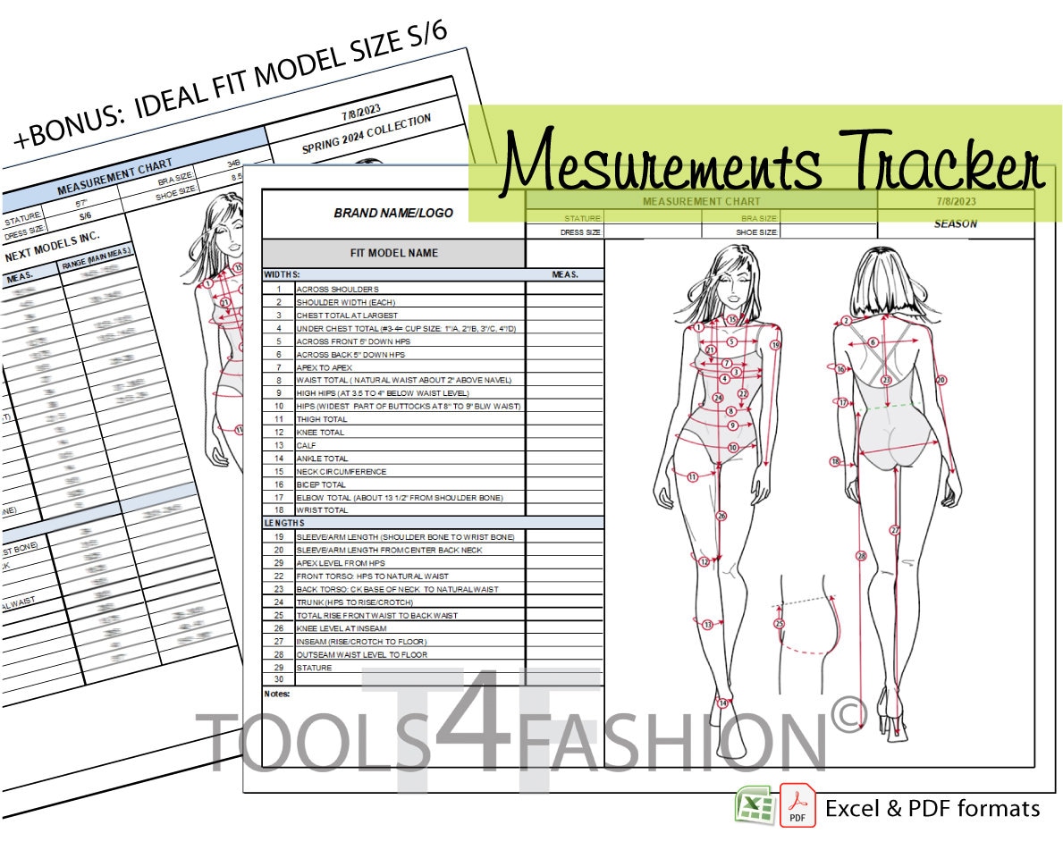 Body Measurements Tracker Chart: Fashion Design Template (excel, PDF ...