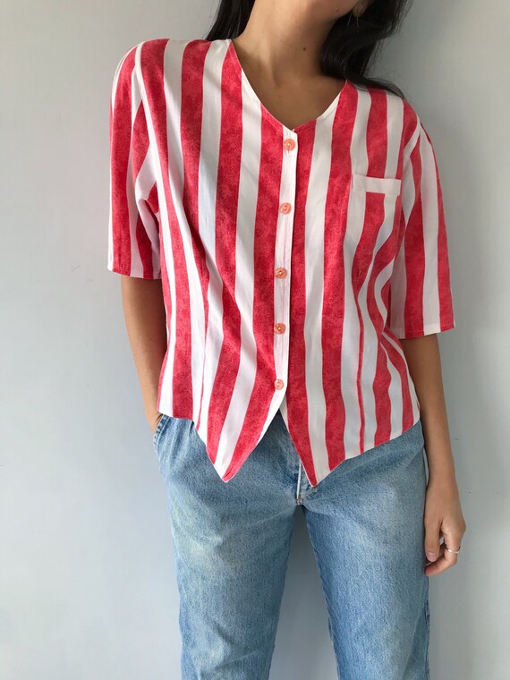 80s Vintage Striped Blouse // Red & White Stripes // Button - Etsy