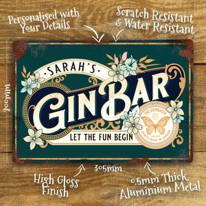 Personalised Gin Bar Sign Metal Wall Door Shelf Accessory, Vintage ...